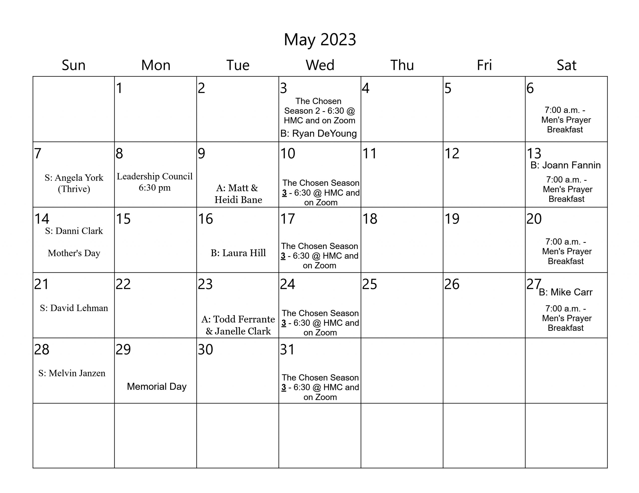 Calendar | Hungtington Church